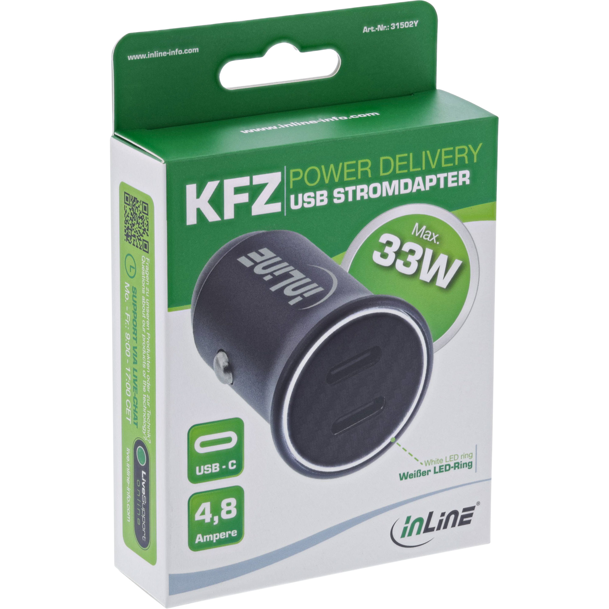 InLine® USB KFZ Stromadapter Power Delivery, 2x USB-C, schwarz, max. 33W