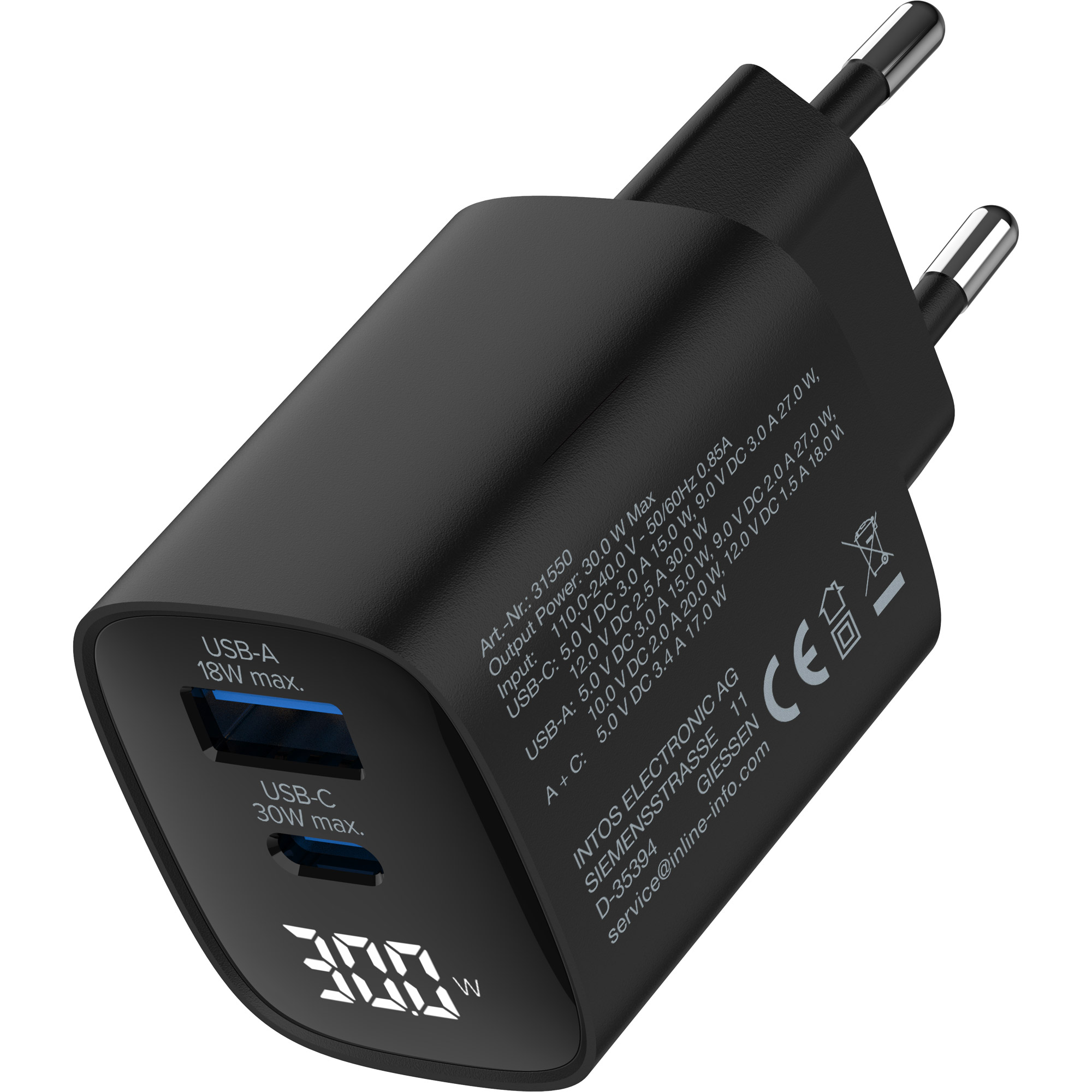 InLine® USB PD Netzteil, GaN Ladegerät, 2-Port, USB-C + USB-A, 30W, mit ...