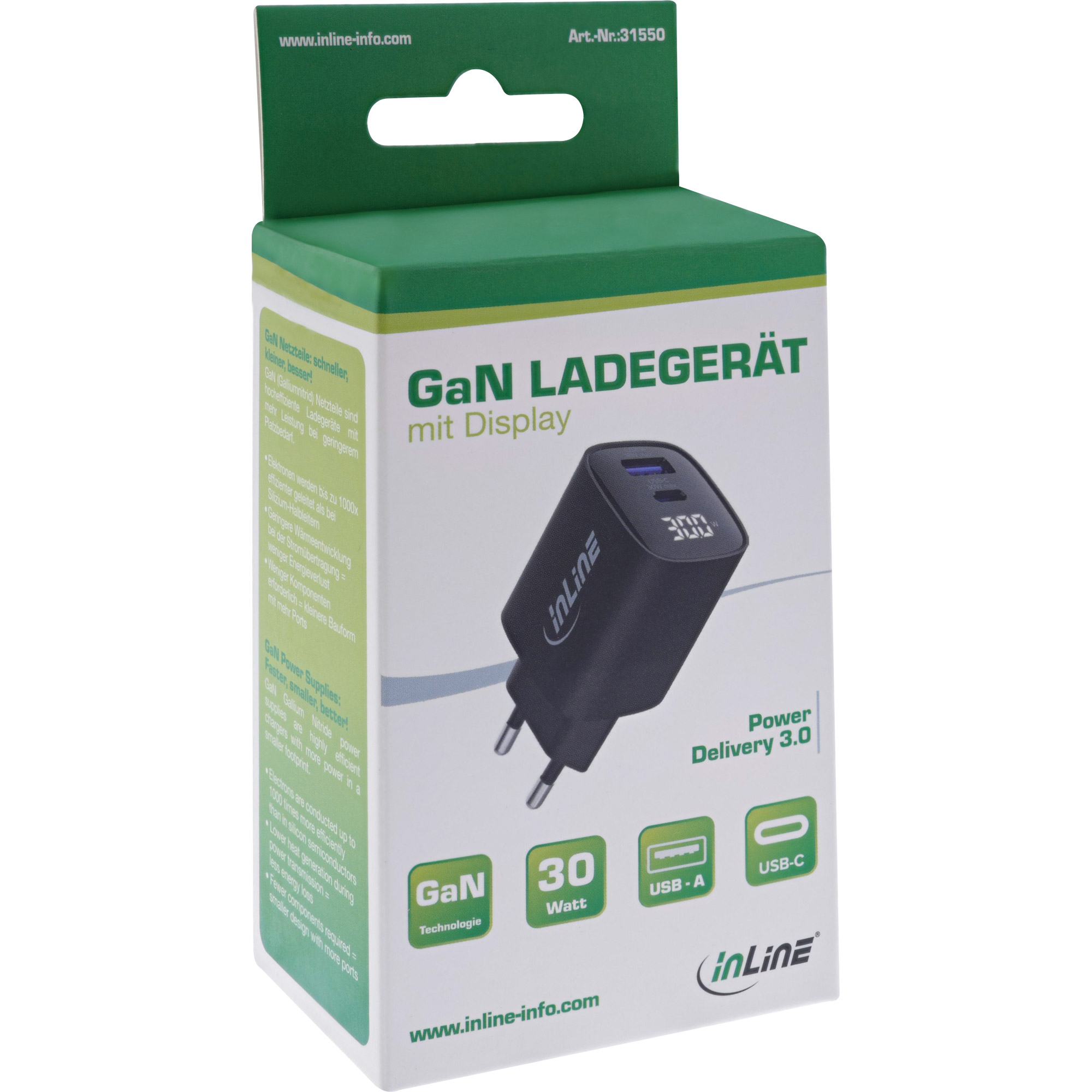 InLine® USB PD Netzteil, GaN Ladegerät, 2-Port, USB-C + USB-A, 30W, mit ...